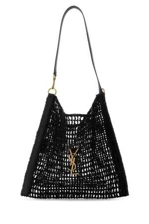 Saint Laurent Raffia Shopping Bag With Antiqued Golden Metal Finishing - Black
