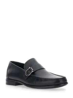 FERRAGAMO Caspian Leather Loafers With Gancini Plaque - Black
