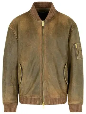 GOLDEN GOOSE Leather Bomber Jacket With Zip Closure And Ribbed Details