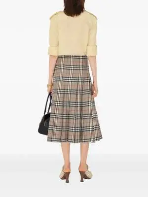 Burberry Checked Wool Midi Skirt With Side Buckle Closure