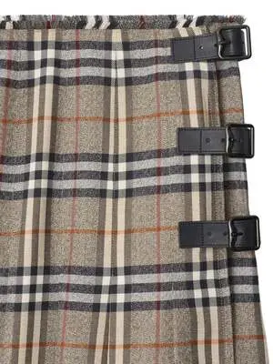 Burberry Checked Wool Midi Skirt With Side Buckle Closure