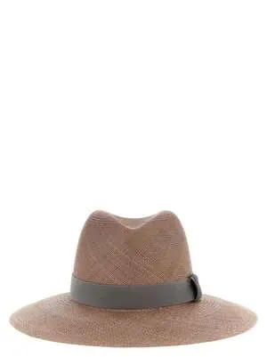Brunello Cucinelli Precious Leather Band" Wide Brim Straw Hat - Brown