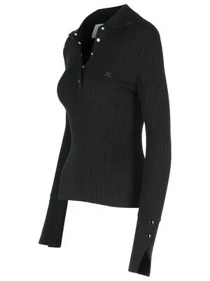 COURREGES Pointed Collar Button Detailed Polyester Blend Sweater - Black