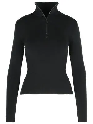 COURREGES Merino Wool High Neck Zip-up Sweater - Black