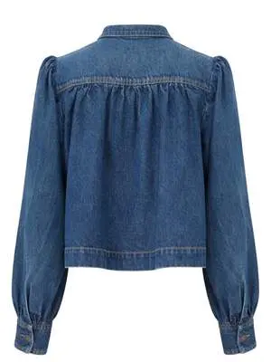 Chloé High Neck Gathered Denim Jacket - Blue