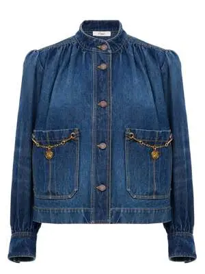 Chloé High Neck Gathered Denim Jacket - Blue