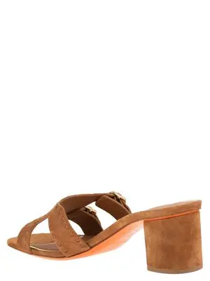 Santoni Suede Double Buckle Block Heel Mule Sandals