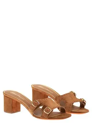 Santoni Suede Double Buckle Block Heel Mule Sandals