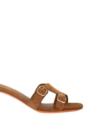 Santoni Suede Double Buckle Block Heel Mule Sandals