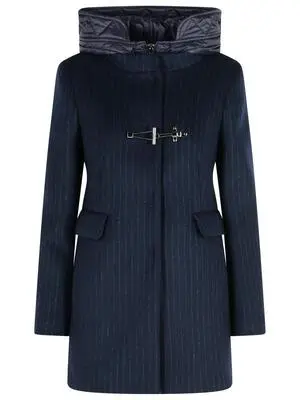 FAY FAY Navy Wool Blend Pinstripe Coat With Adjustable Hood Blue