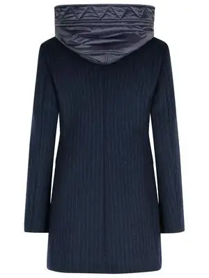 FAY Navy Wool Blend Pinstripe Coat With Adjustable Hood - Blue