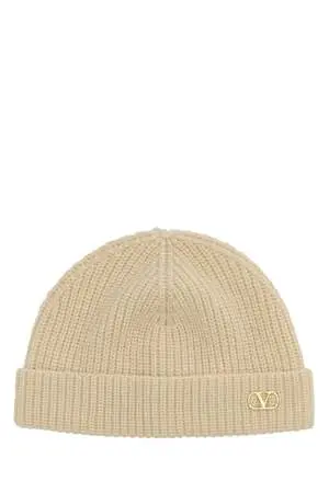 Valentino Garavani VALENTINO GARAVANI Cashmere Beanie Hat With Gold Tone Logo Detail Brown