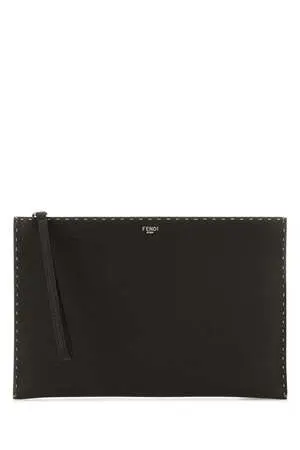 Fendi Dark Leather Clutch With Silver Metal Finishing - Brown