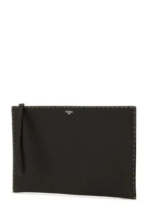 Fendi Dark Leather Clutch With Silver Metal Finishing - Brown