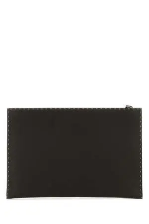 Fendi Dark Leather Clutch With Silver Metal Finishing - Brown
