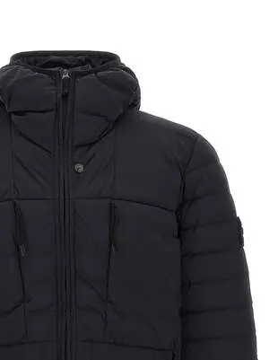 Stone Island Down Jacket With Hood And Drawstring Hem - Blue