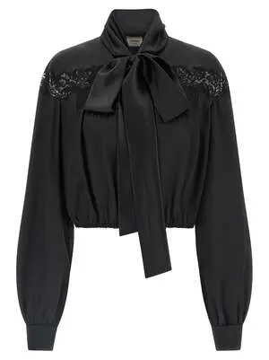 Saint Laurent Lace Trim Silk Cropped Shirt - Black