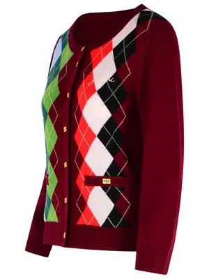 GANNI Burgundy Merino Wool Blend Check Cardigan - Multicolor