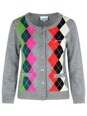 GANNI Checked Cashmere Blend Cardigan - Gray