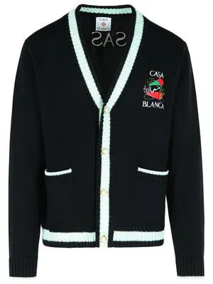 Casablanca Mountain Temple' Merino Wool Embroidered Cardigan - Black