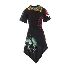 MARINE SERRE Short Sleeve Asymmetrical Knee Length Dress With Psycho And Moon Print - Black