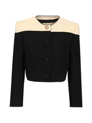 Valentino Garavani Two-tone Wool Cropped Jacket With Padded Shoulders