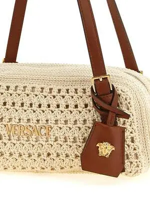 Versace Crochet Raffia Shoulder Bag With Nappa Leather Details