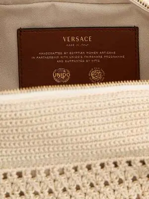 Versace Crochet Raffia Shoulder Bag With Nappa Leather Details