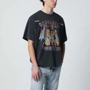 Dsquared2 Grey Vintage-effect T-shirt With Rock Print