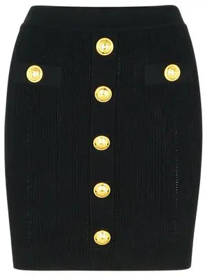 Balmain Balmain Ribbed Viscose Blend Miniskirt With Gold Tone Buttons Black