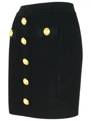 Balmain Ribbed Viscose Blend Miniskirt With Gold Tone Buttons - Black
