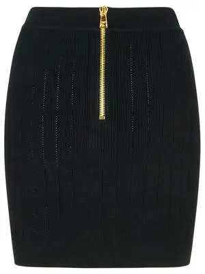 Balmain Ribbed Viscose Blend Miniskirt With Gold Tone Buttons - Black
