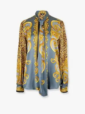 Versace Cheetah & Baroque Print Silk Lavalliere Shirt - Multicolor