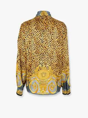 Versace Cheetah & Baroque Print Silk Lavalliere Shirt - Multicolor
