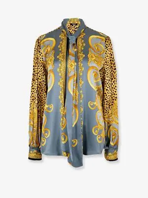 Versace Cheetah & Baroque Print Silk Lavalliere Shirt - Multicolor