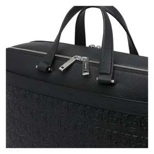 FERRAGAMO Gancini Embossed Calf Leather Briefcase - Black