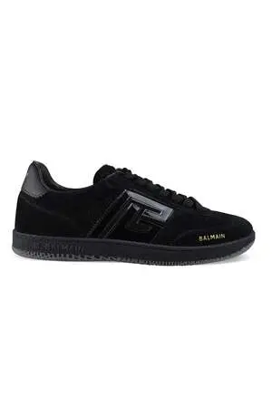 Balmain Suede Sneakers With Patent Leather Logo - Black