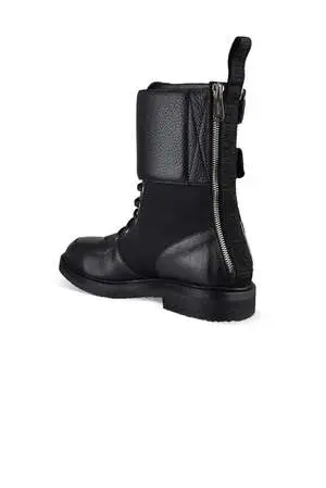 Balmain Leather And Canvas Combat Boots With Silver Buckle Detail