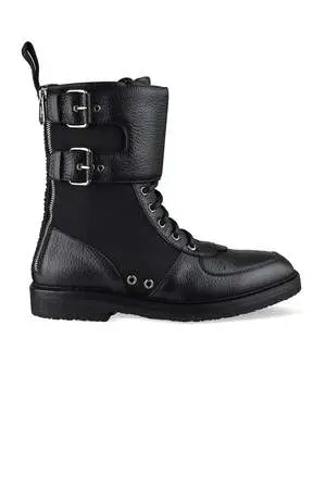Balmain Leather And Canvas Combat Boots With Silver Buckle Detail - Black