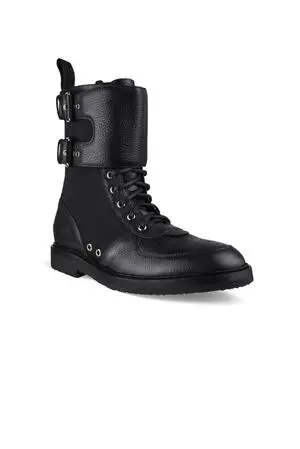 Balmain Leather And Canvas Combat Boots With Silver Buckle Detail