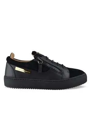 GIUSEPPE ZANOTTI Leather And Suede Sneakers With Gold Hardware - Black