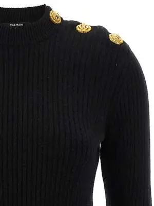 Balmain Ribbed Crew Neck Sweater With Metal Button Detail
