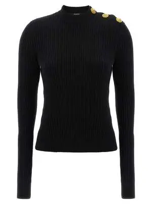 Balmain Ribbed Crew Neck Sweater With Metal Button Detail - Black