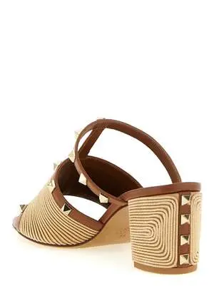 Valentino Garavani Rockstud Embellished Raffia Slides - Brown
