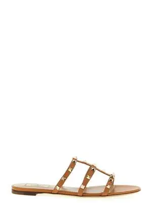 Valentino Garavani VALENTINO GARAVANI Rockstud Embellished Raffia Slides Cream