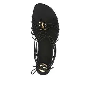 Saint Laurent Leather Ankle Tie Flat Sandals - Black