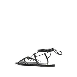 Saint Laurent Leather Ankle Tie Flat Sandals - Black
