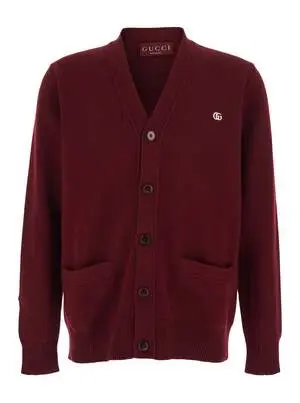 Gucci GUCCI Bordeaux Cashmere V-Neck Cardigan With GG Embroidery Multicolor