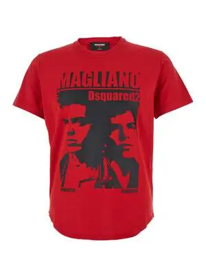 Dsquared2 X Magliano' Red Crewneck T-shirt With Maxi Print On The Front In Cotton - Multicolor
