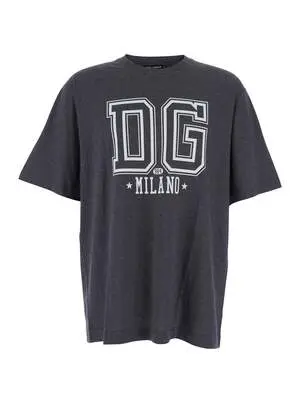 Dolce & Gabbana Grey Crewneck T-shirt With Logo Print On The Front In Cotton - Gray